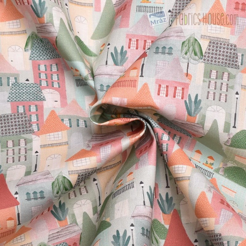 Cotton with houses, digital printing | FabricsHouse.com